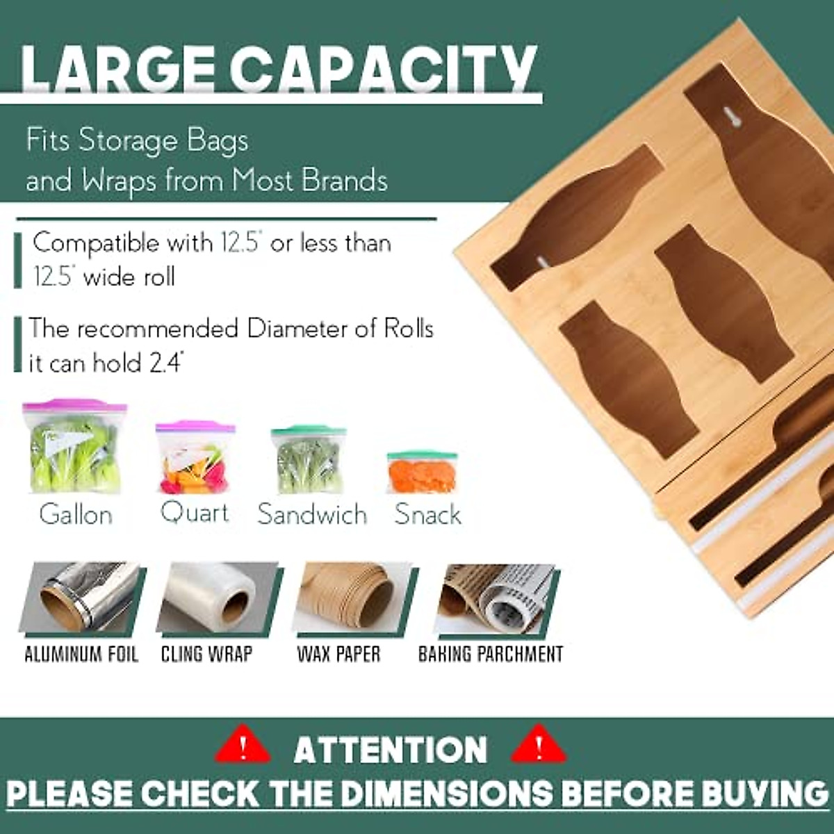 TRENDYYA 6in1 Ziplock Bag Organizer for Drawer and Wall, Baggie Organizer for Drawer & Foil and Plastic Wrap Organizer For Gallon,Quart,Snack,Sandwich Bag & Wrap Rolls of 12.5"