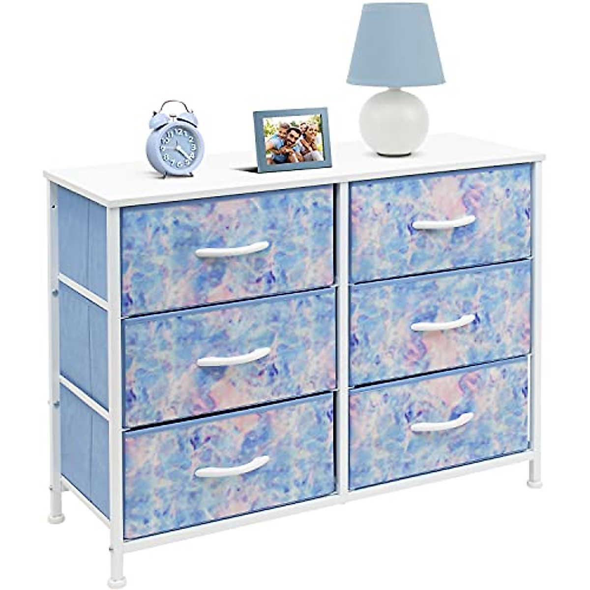 Sorbus Dresser with 6 Drawers - Furniture Storage Chest for Bedroom Tower Unit Furniture, Hallway, Closet, Office Organization - Steel Frame, Wood Top, Tie-dye Fabric Bins (6-Drawer, Pink/Blue)