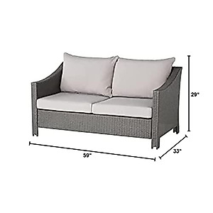 Christopher Knight Home Antibes Outdoor Wicker Loveseat and Table Set with Water Resistant Cushions, 2-Pcs Set, Grey / Silver