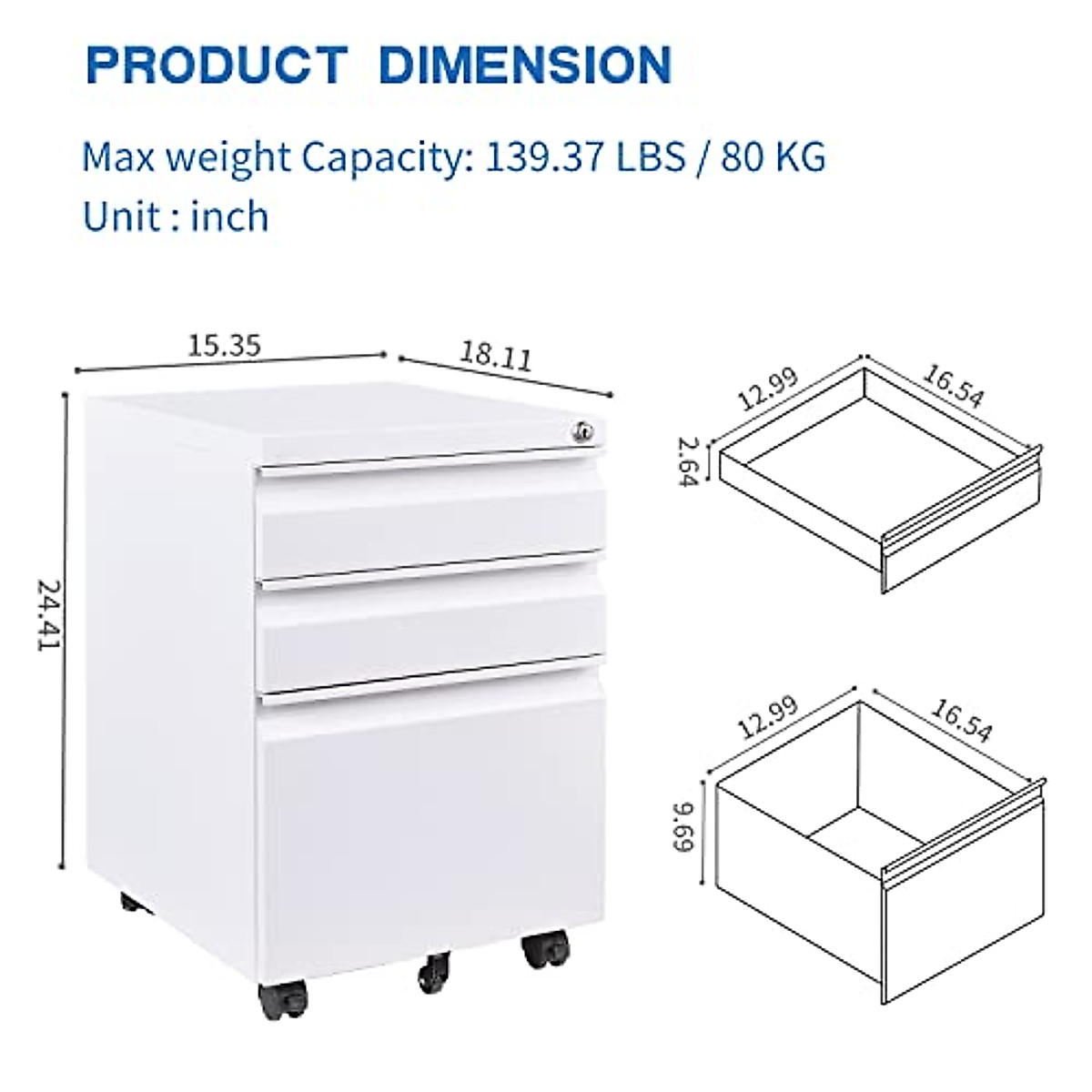 Modern Office File Cabinet 3 Drawer File Cabinet Metal Filing Cabinet on Anti-tilt Wheels Mobile Lateral Printer Stand Office File Cabinets for Home Office Organization and Storage (White)