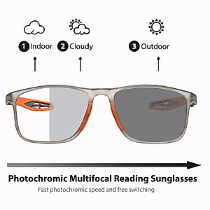 K.LAVER Photochromic Progressive Multifocus Reading Glasses Men Women Workspace Blue Light Blocker No Line Multifocal Readers With Spring Hinge TR90 Frame UV400 Protection Transition Sunglasses 2.5