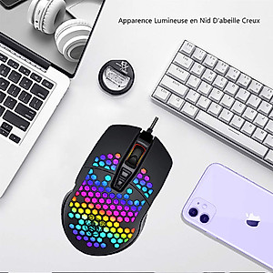 Lightweight Gaming Mouse, Honeycomb USB Wired Mouse with Backlight, 4000 DPI, RGB Computer Gaming Mouse for Mac, Laptop, PC (Black)