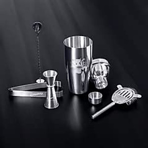 5 pc. Cocktail Shaker Bar Set by Tom Bullock's, The Original Tastemaker: 25 oz Stainless Steel Shaker, Double Measuring Jigger, Stirrer/Mixer Spoon, Strainer and Ice Tongs. Become The Ideal Bartender!