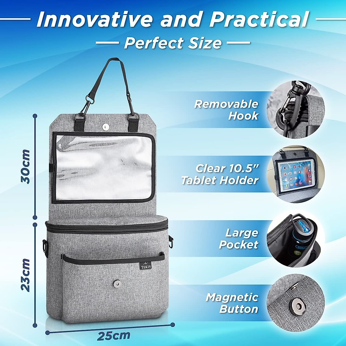 TEKIN Kids Car Seat Organizer with iPad Holder Backseat Car Organizer for long Trips for Kids Stroller Organizer Bag with Tablet Holder, Car Travel Accessories Kids Essentials Organizer Bag -Gray