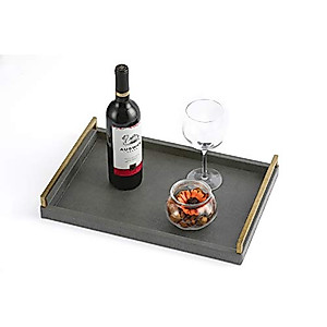 WV Decorative Tray Dark Grey Faux Shagreen Leather with Brushed Gold Stainless Steel Handle ,Serving Tray for Coffee Table, Ottoman in Living Room (Dark Grey)