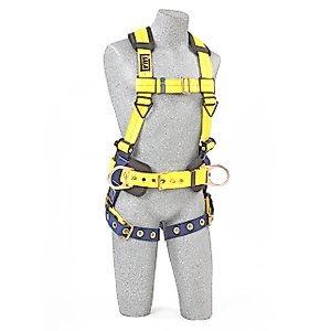 3M DBI-SALA Delta 1102201 Construction Harness, Back and Side D-Rings, Tongue Buckle Legs, Body Belt and Hip Pad, 420 lb Capacity, Small, Yellow/Navy