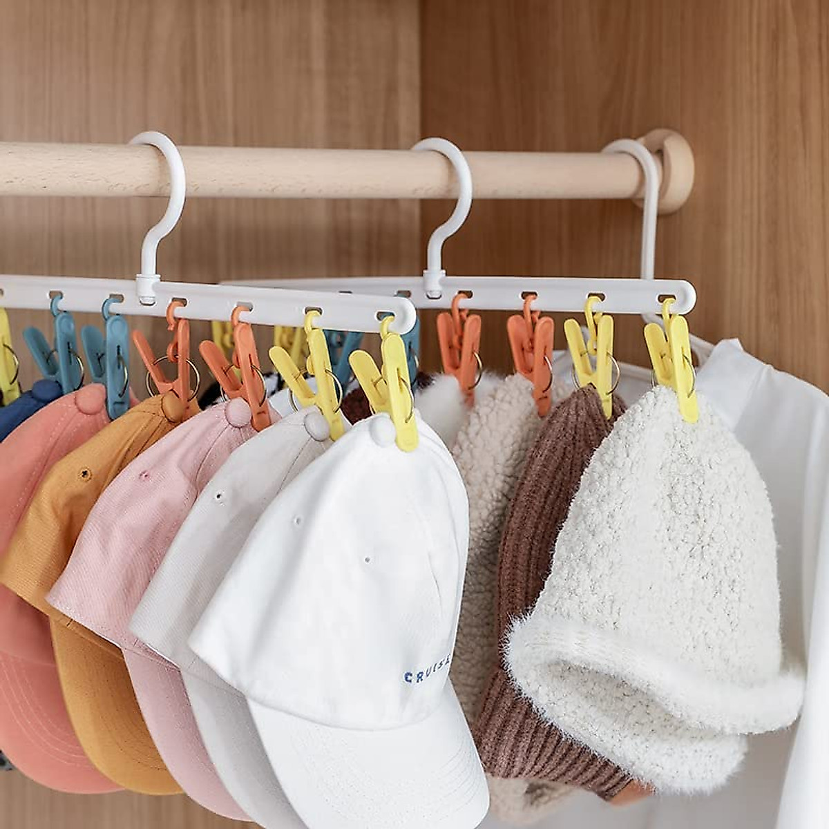 Durable Hanging Closet Organizer for Underwear Double Sided with Mesh Pockets& Hat Storage 8 Hat Storage Clips for Hat Rack for Baseball Caps Hat Organizer Holder (Gray&White, Bra&Hat Storage)