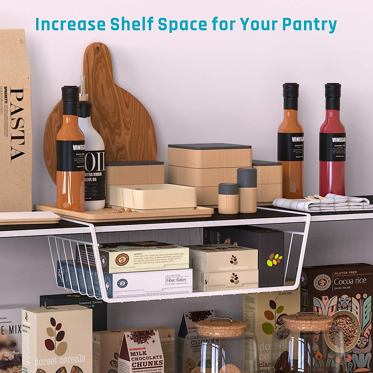 Under Shelf Basket, iSPECLE 6 Pack Hanging Under Shelf Storage Basket Under Cabinet Desk Storage Shelf Organizer Pantry Organization and Storage for Kitchen Pantry Bookshelf, Black