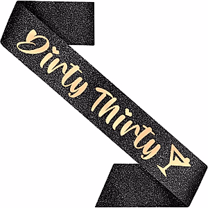 PartyForever 30th Birthday Dirty Thirty Sash Black Glitter 32 inch Long with Rose Gold Letters Dirty 30 Birthday Decorations Sash