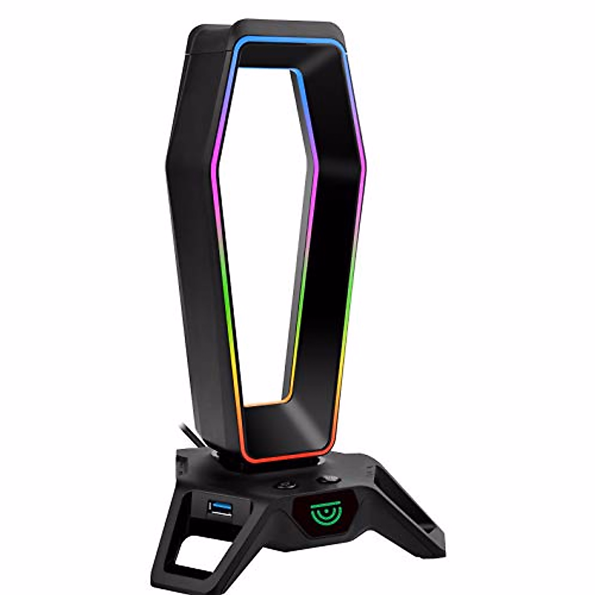 TRUSYO AUDIO THE PORTAL USB 3.0 headset stand with dual RGB lights, 3 usb charger ports, a headphone holder for wired or wireless headphones, great for gaming stations. A gaming accessory.