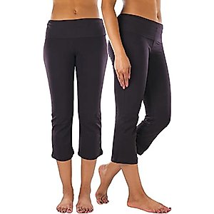 ToBeInStyle Women's Cropped Yoga Sweatpants Bermuda Capris w/Fold Over Waistband - Small - Brown