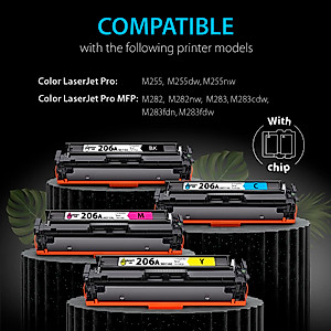 Smart Ink Compatible Toner Cartridge Replacement for HP 206A 206 A with Built-in Chip (4 Pack) to use with Color Laserjet Pro MFP M283fdw M283cdw Laserjet Pro M255dw M255nw (Black Cyan Magenta Yellow)