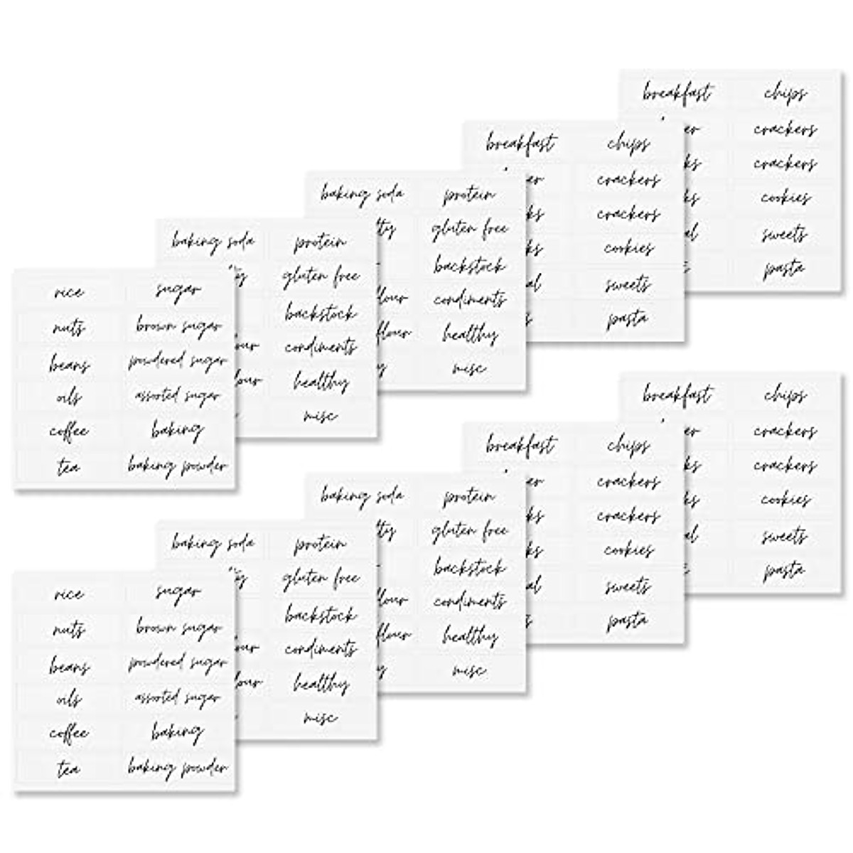 mDesign Plastic Kitchen Bins with Handles and Preprinted Cursive Food Labels Combo Set for Organizing Pantry, Kitchen, Shelves, or Counter, Includes 4 Clear Bins and 120 White Labels with Black Text