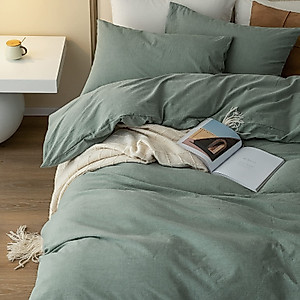 JIYUAN 100% Washed Cotton Duvet Cover Set Comfy Simple Style Soft Breathable Textured Durable Linen Feel Bedding for All Seasons Queen, Green