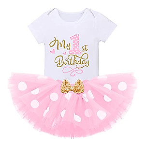 IBTOM CASTLE Baby Girls Cake Smash 1st Birthday Outfit Set Romper Bodysuit Dress+Polka Dots Tutu Skirt+ Ears Headband+Barefoot Sandals Foot Bands for Newborns Infants Photograph Pink-1st 1T