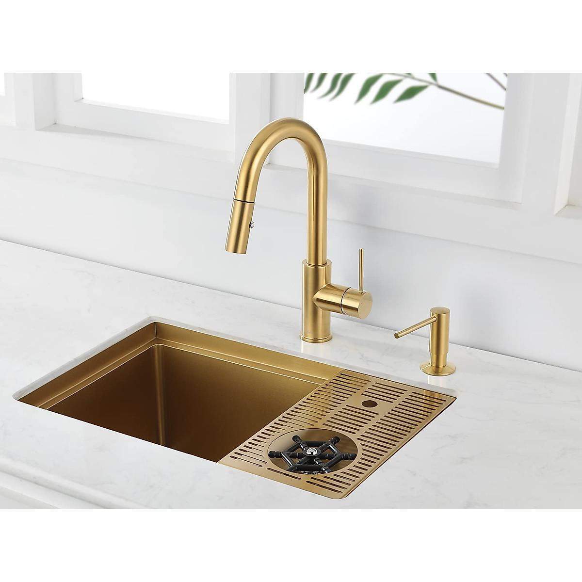 AS1514XG Brushed Gold Bar Sink with Glass Riner and AguaStella AS59BG Brushed Gold Pull Down Bar Faucet