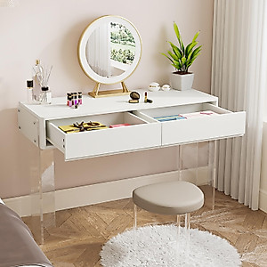 Tribesigns Makeup Vanity Desk with 2 Drawers, Modern Writing Computer Desk with Acrylic Legs, White Vanity Dressing Table for Bedroom (Without Mirror)
