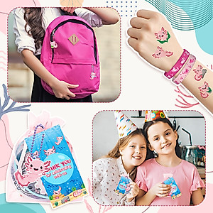 EYxsaxenk 122Pcs Axolotl Party Favor Pack of Reptile Animal Rubber Bracelet Resin Ornaments Temporary Tatto Sticker Keychain with Thank You Cards and Organza Bag for Axolotl Party Goodie Bag Supply
