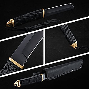 Leopcito 11.5" Japanese Fixed Blade Tactical Knives with Sheath, Stainless Steel Black Survival Hunting Bushcraft Full Tang Tanto Knife with Paracord Handle for Camping, Adventure, EDC, C101BK