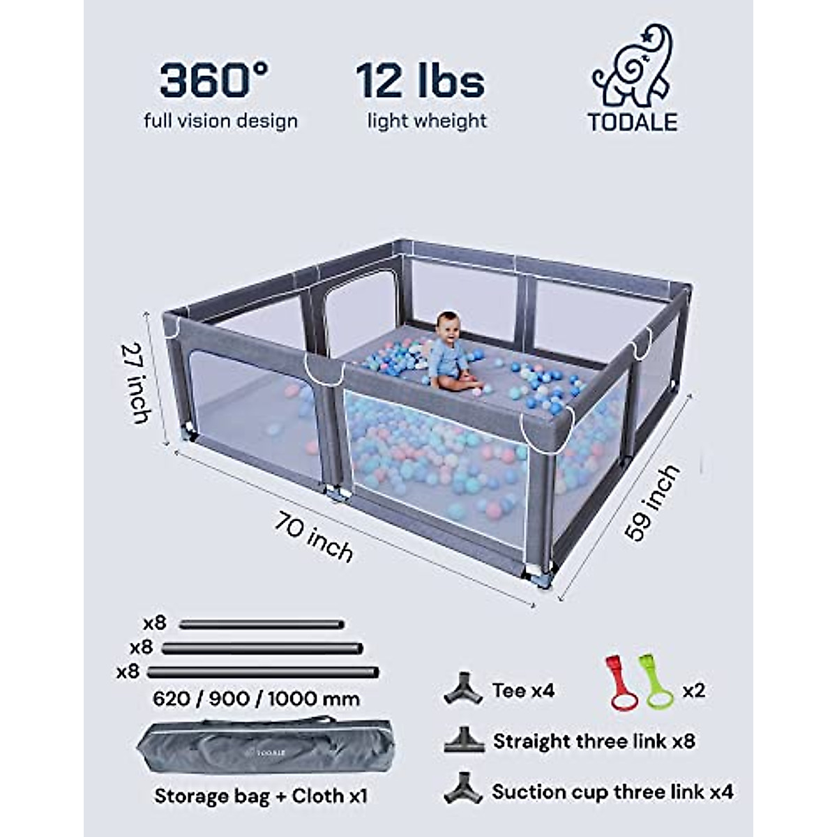 TODALE Baby Playpen for Toddler, Extra Large Baby Playard, Infant Safety Activity Center, Sturdy Babies Playpen with Anti-Slip Suckers,Tear-Resistant Material &Breathable Mesh (Grey 70”×59”)
