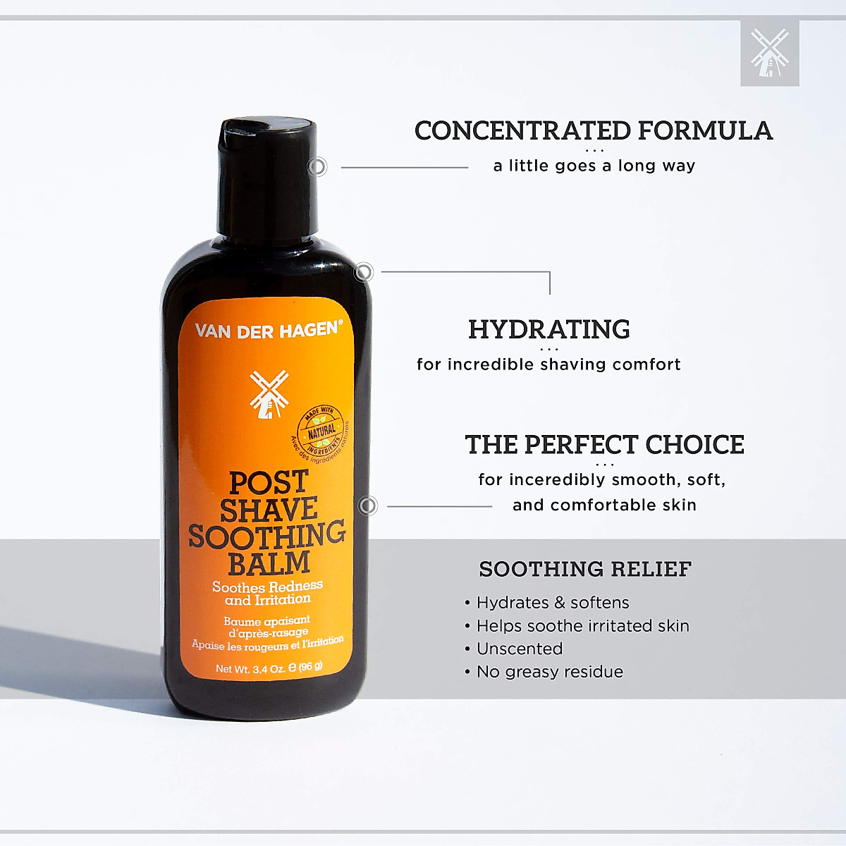 Van Der Hagen Post Shave Soothing Balm - Natural Ingredients for Soothing and Moisturizing Post Shave Finish, Unscented, 3.4 oz