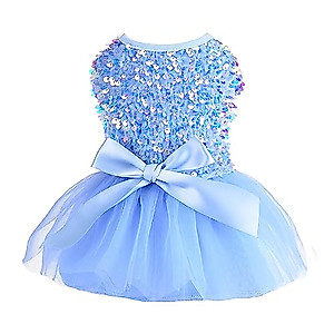 Dog Sweater Dress for Small Dogs Girl Fall Winter Fleece Warm Puppy Dresses Clothes Outfit Apparel Cute Sequins Bowknot Pet Skirt for Cats Holiday Doggie Wedding Dress Coats (X-Small, Blue)