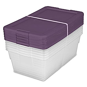 Sterilite Stackable 6 Quart Clear Home Storage Box with Handles and Purple Lid for Efficient, Space Saving Household Storage and Organization, 5 Pack