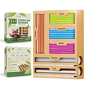 SERHINA Storage Bag Organizer for Kitchen Drawer - Foil and Plastic Wrap Organizer with Cutter - Plastic Bag Organizer - Food Baggie Storage for Sandwich Snack Gallon Quart