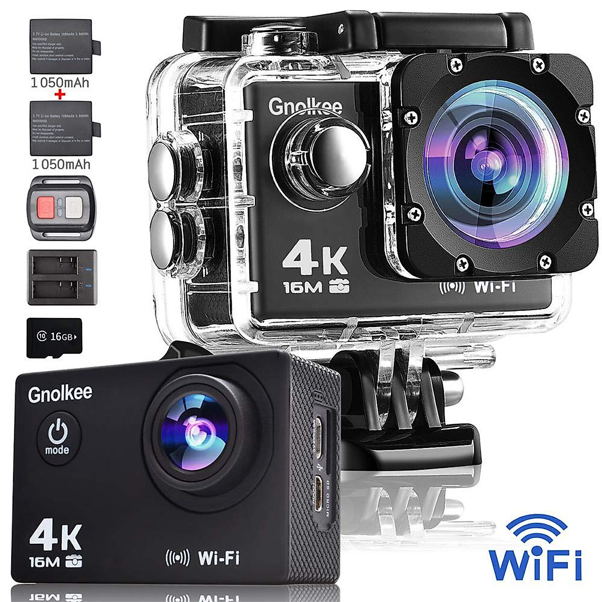 GNOLKEE WiFi Action Camera, 4K 16MP Underwater Camera, 170 Wide-Angle Sports Camera with Remote Control, 2 Batteries, 32GB TF Card, 24 Accessory Installation kit [2024 Upgrade]