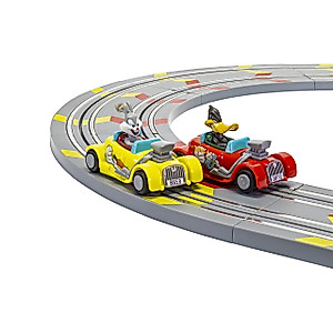 Scalextric Micro Scalextric My First Looney Tunes Bugs Bunny vs Daffy Duck Battery Powered 1:64 Slot Car Race Track Set G1141T, Yellow & Red