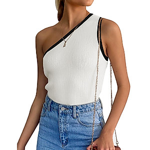 ZESICA Women's One Shoulder Tank Top Summer Sleeveless T Shirt Ribbed Knit Color Block Slim Fit Basic Tee Tops,White,Small