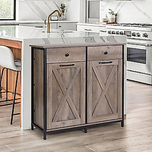 Arlopu Double Tilt Out Trash Cabinet, 20 Gallon Pet Proof Kitchen Pull Out Recycle Cabinet, Freestanding Wooden Laundry Sorter Cabinet, W/Drawer, Barn Door, for Home, Living Room, (Greige)