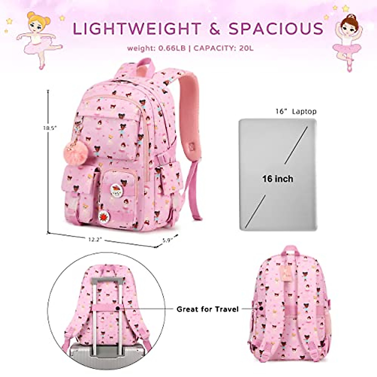 KIDNUO Girls Backpack,15.6 Inch Laptop School Bag Large Primary Elementary Middle College Bookbags Kids Backpacks for Teens Girls Women Students Anti Theft Travel Daypack ( Pink Ballerine )