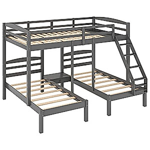 TARTOP Full Over Twin Bunk Bed with Small Drawers & Ladder for Kids/Adults Bedroom,3 in 1 Triple Bunkbed,Solid Pinewood Bedframe w/Safety Guardrals,Space Saving Design & No Box Spring Needed, Gray