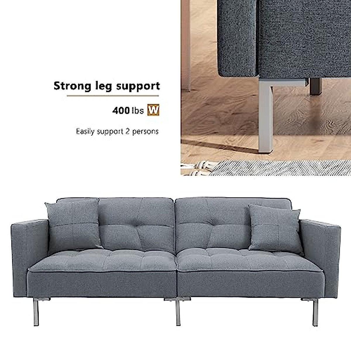 RIDFY Modern Upholstered Adjustable Folding Sofa Bed with Two Pillows and Metal Legs, Linen Fabric Futon Couch with Armrests for Living Room, Apartment, Dorm, Home, Office (Dark Gray)