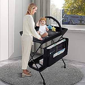 Portable Baby Changing Table - Waterproof Diaper Changing Table with Wheels, Adjustable Height Folding Diaper Station with Safety Belt, Large Storage Racks for Newborn Baby and Infant - Ocean, Black