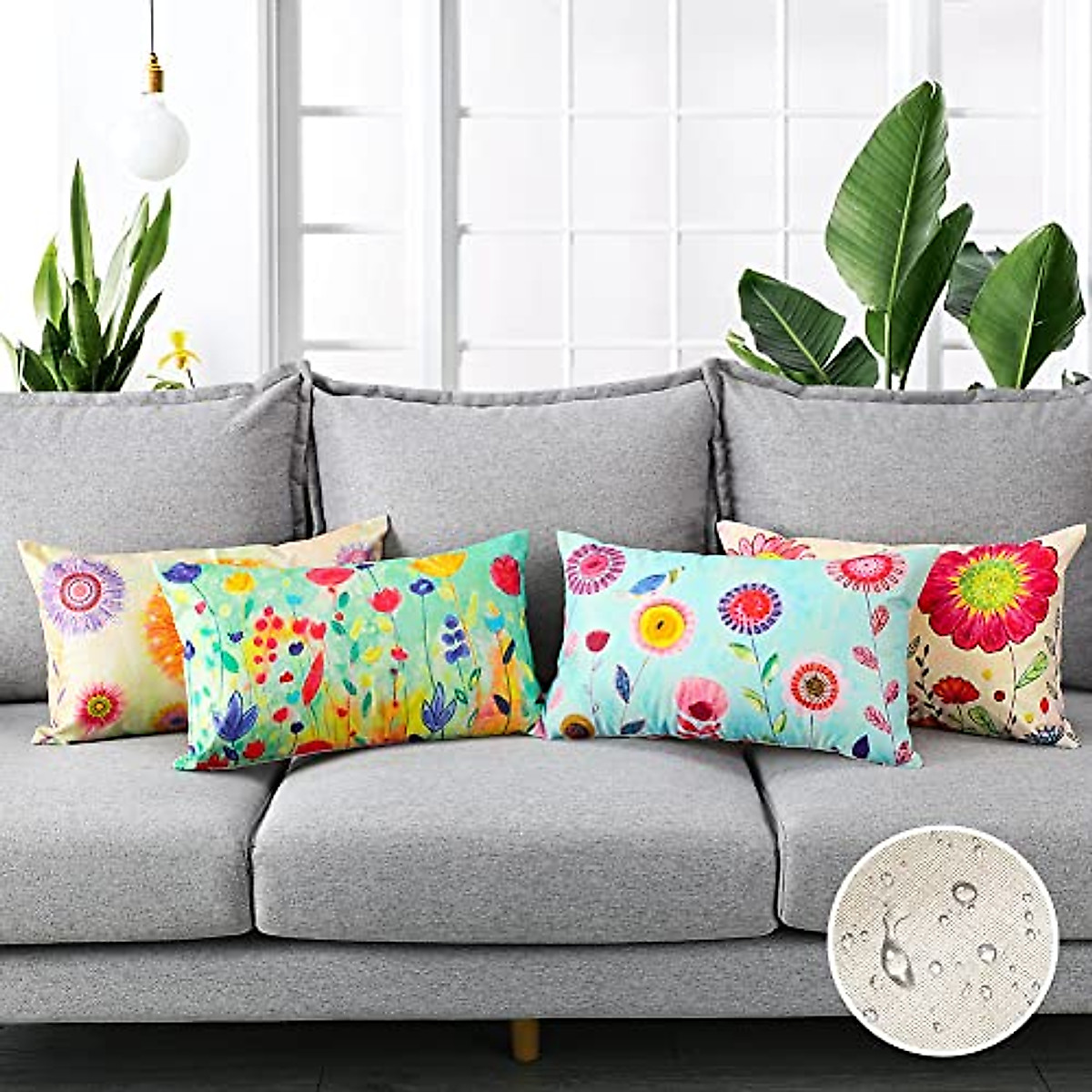 Artscope Set of 4 Decorative Throw Pillow Covers 12x20 Inches, Flowers Pattern Waterproof Cushion Covers, Perfect to Outdoor Patio Garden Living Room Sofa Farmhouse Decor