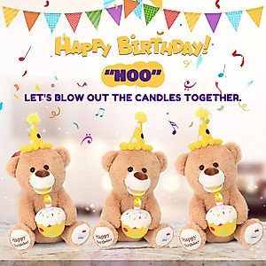 Hopearl Adorable Happy Birthday Teddy Bear with Glowing Cupcake Musical Stuffed Animal Bear Singing and Shaking Plush Toy Interactive Animated Kids Gifts, Brown, 15’’