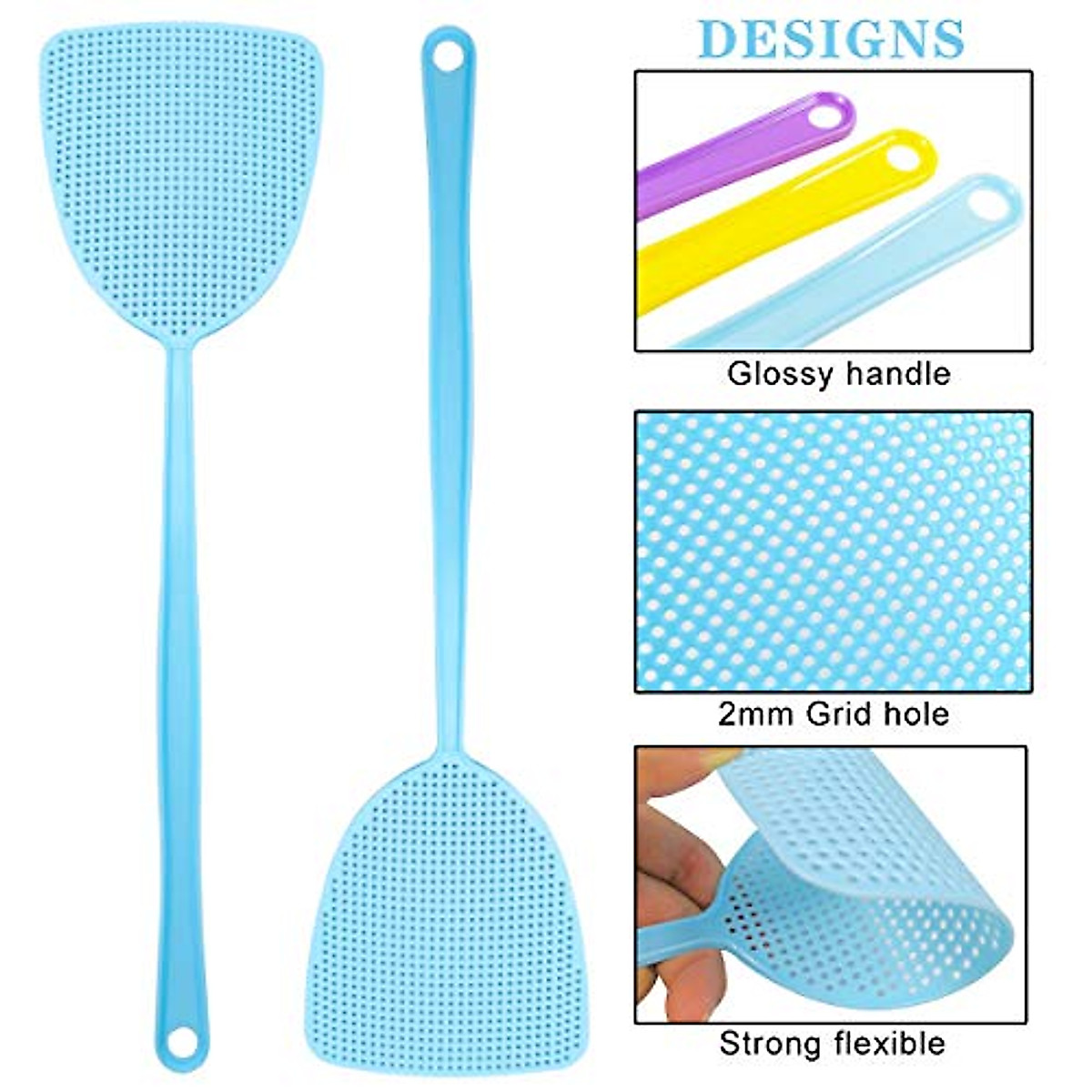 HAREOOS 6 Pack FlySwatters Set Plastic Fly Swatter Multi Pack, 17.5” Long Handle Manual Fly Swatters, Strong Flexible Fly Sweaters(6 Pack,3 Colors)