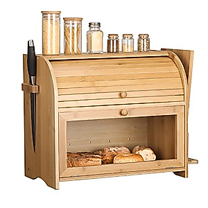 HOMEKOKO Double Layer Large Roll Top Bread Box for Kitchen Counter, Retro Design Wooden Large Capacity Bread Storage Bin (Natural)