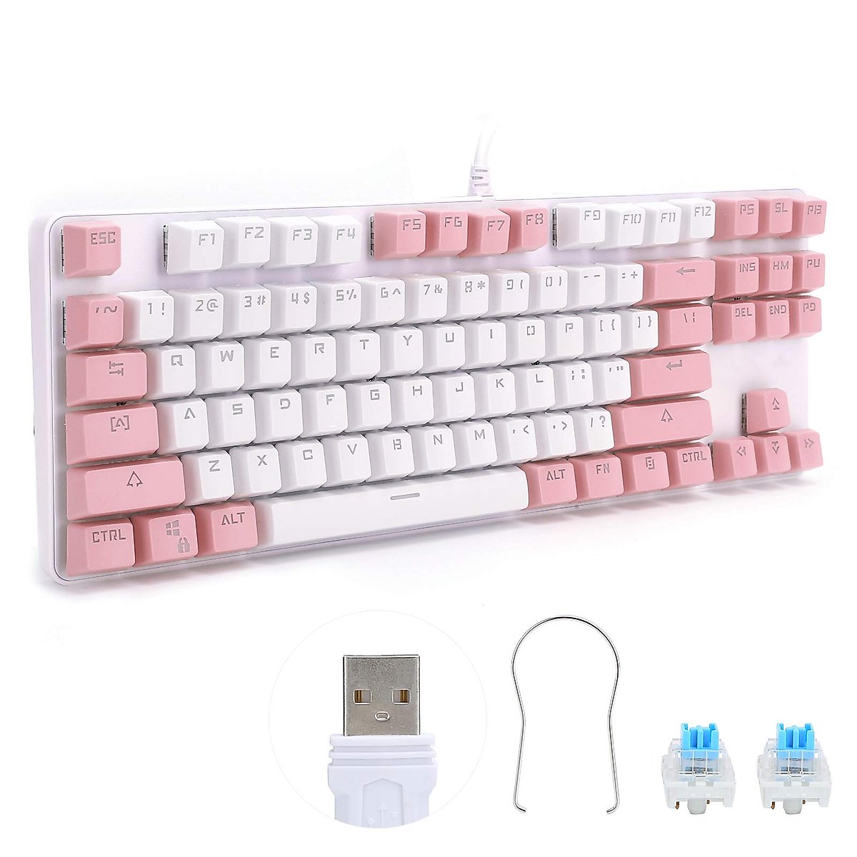 PUSOKEI Mechanical Gaming Keyboard, 87 Keys Keyboards RGB LED Rainbow Backlit Wired Keyboard, Mechinal Gaming Keyboard White+Pink, Mechanical Keyboard,Plug and Play(White)