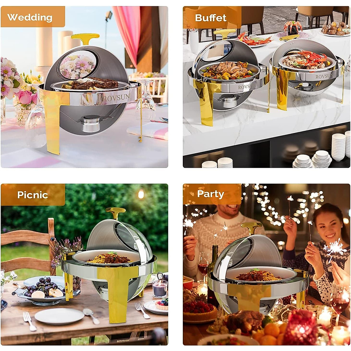 ROVSUN 6 Quart 2 Packs Round Chafing Dish Buffet Set Gold Accent, Stainless Steel Roll Top Chafer for Catering, Food Warmer with Glass Window for Party Wedding Catering Banquet Graduation Event