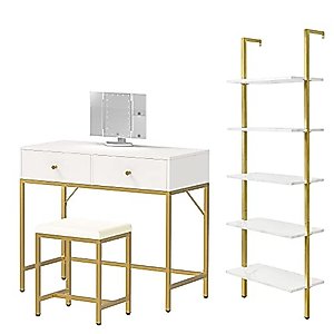 SUPERJARE Vanity Desk, Makeup Vanity with Stool & Tri-fold Lighted Mirror and Modern Ladder Shelf, 5-Tier Open Wall-Mounted Bookshelf with Stable Metal Frame
