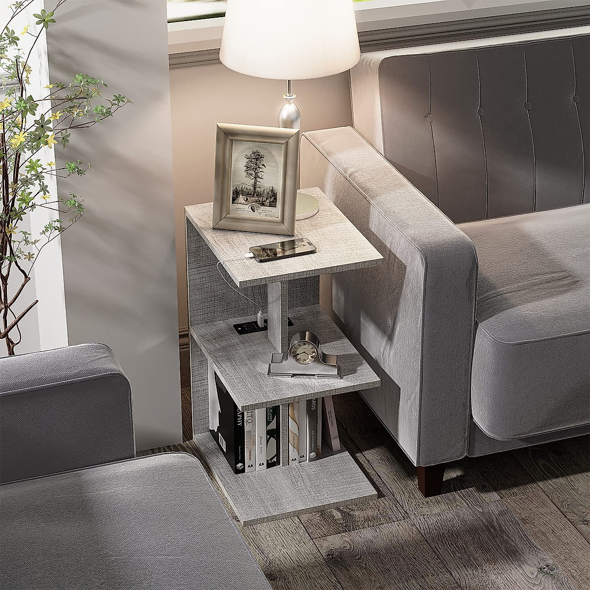 FROMJBEST Nightstand with Charging Station, Narrow End Table Side Table with USB Ports and Outlets for Small Spaces, 3 Tier Nightstand Sofa Bedside Tables with Pulleys for Living Room, Bedroom (Grey)