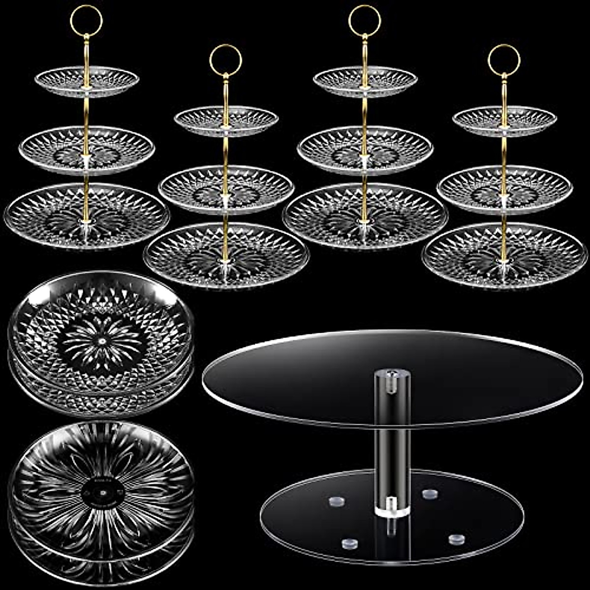 9 Pcs Acrylic Cake Stand Set Including 4 Pcs 3 Tier Cupcake Tower 4 Pcs Round Dessert Trays 1 Pcs Cake Pedestal Stand Dessert Table Cupcake Holder for Birthday Wedding Baby Shower Party Decoration