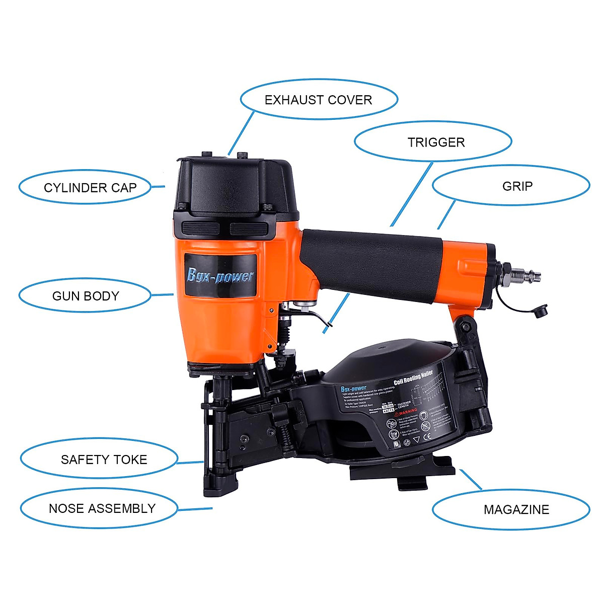 Bgx-power Roofing Nail Gun, 15 Degree CN45N Roofing Nailer 3/4-Inch to 1-3/4-Inch Coil Nails, 120-pcs Load Capacity Coil Nailer
