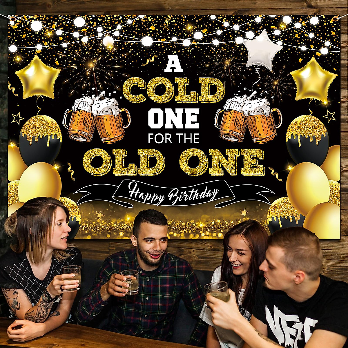 Beer Party Decorations,Black and Gold Happy Birthday Backdrop for Men A Cold One for The Old One Photography Background Banner for 30th 40th 50th Birthday Cheers and Beers Party Supplies