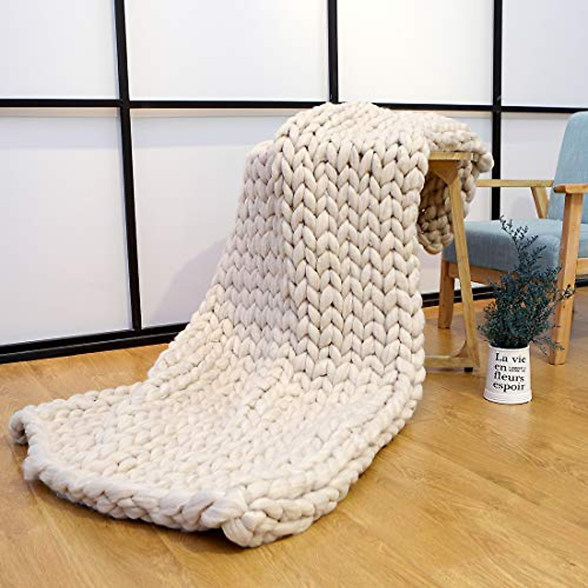 EASTSURE Chunky Knit Blanket Bulky Throw Merino Wool Hand Made Bed Sofa Throw Super Large,Beige,40"x40"