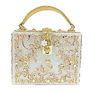 Acrylic & Flower Designer Shoulder Bags for Women Crossbody Bag Rhinestones Top-Handle Box Tote Handbags (White)