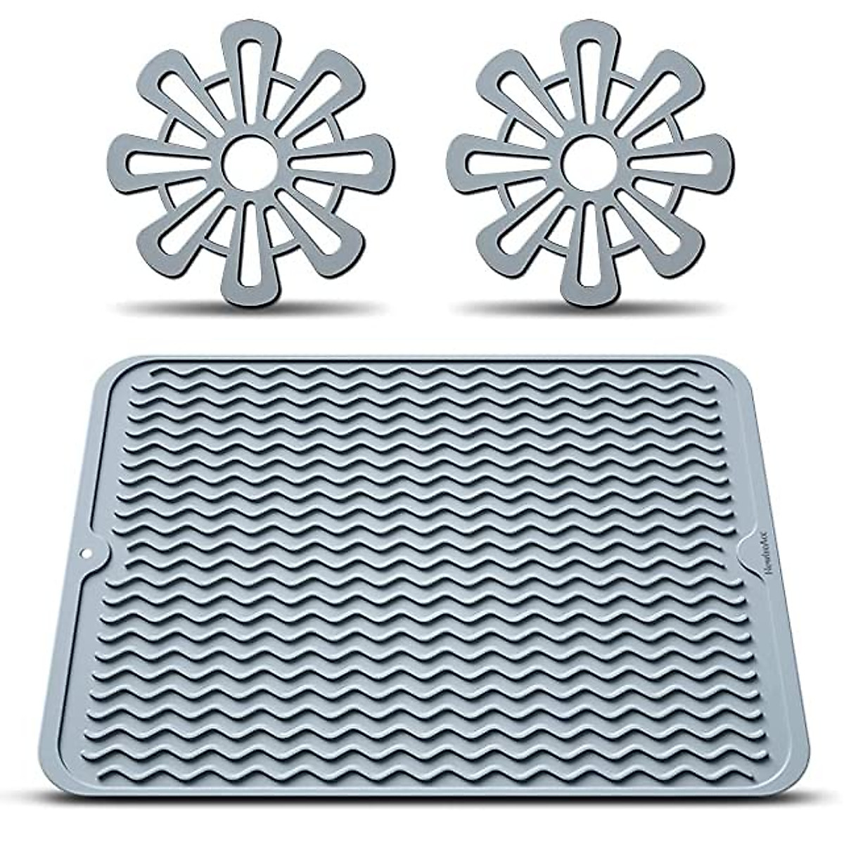 HowiseAcc Silicone Dish Drying Mat and 2 Trivets Mat,Drying Mat For Kitchen counter, Heat Resistant Mat,Easy Clean drainboard mat, Non-Slip Dish Drainer Pad for Kitchen Counter (L(16"×12"), Gray)